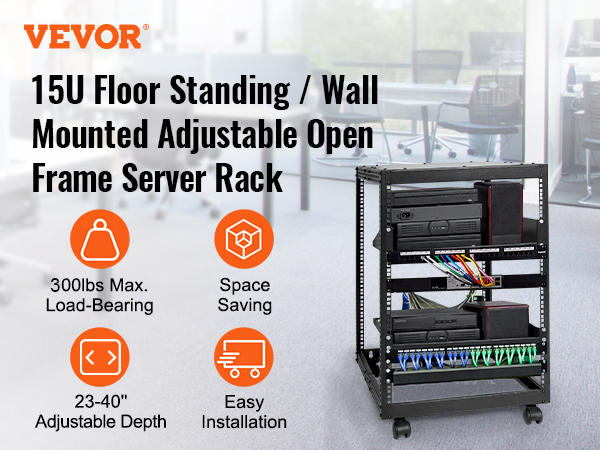 VEVOR 15U Open Frame Server Rack, 15''-40'' Adjustable Depth, Free ...