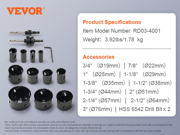 VEVOR Hole Saw Kit, 11 PCS Saw Blades, 2 Drill Bits, 1 Hex Wrench, Bi Metal M42 Hole Saw Set ...