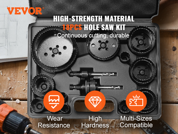 VEVOR Hole Saw Kit, 18 PCS Saw Blades, 6 Drill Bits, 1 Hex Wrench, General Purpose Size from 3/4 ...