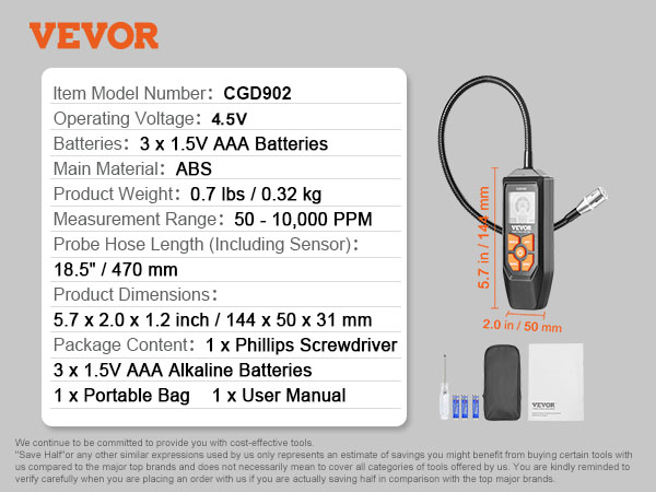 VEVOR Natural Gas Detector, 50-10,000 PPM Gas Leak Detector with 18.5 ...