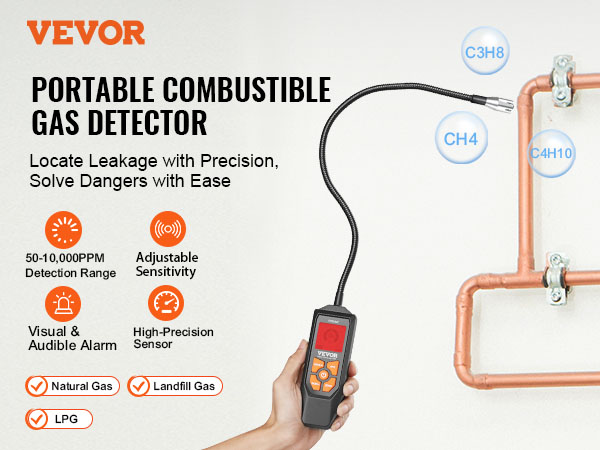 VEVOR Gas Leak Detector 50-10,000 PPM Natural Gas Detector with 18.5 ...