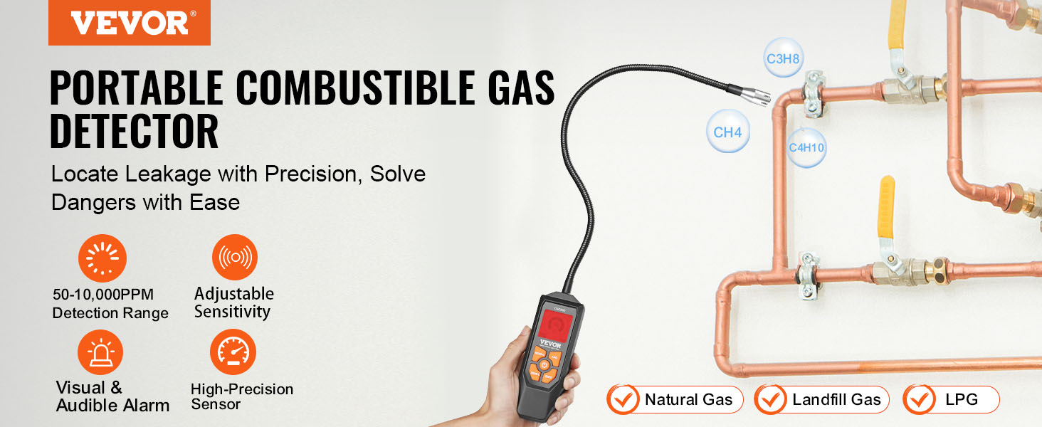 VEVOR Gas Leak Detector 50-10,000 PPM Natural Gas Detector with 18.5 ...
