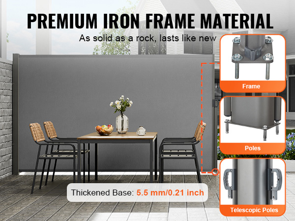 VEVOR Retractable Side Awning, 63''x 118'' Outdoor Privacy Screen, 180g Polyester Water-proof ...