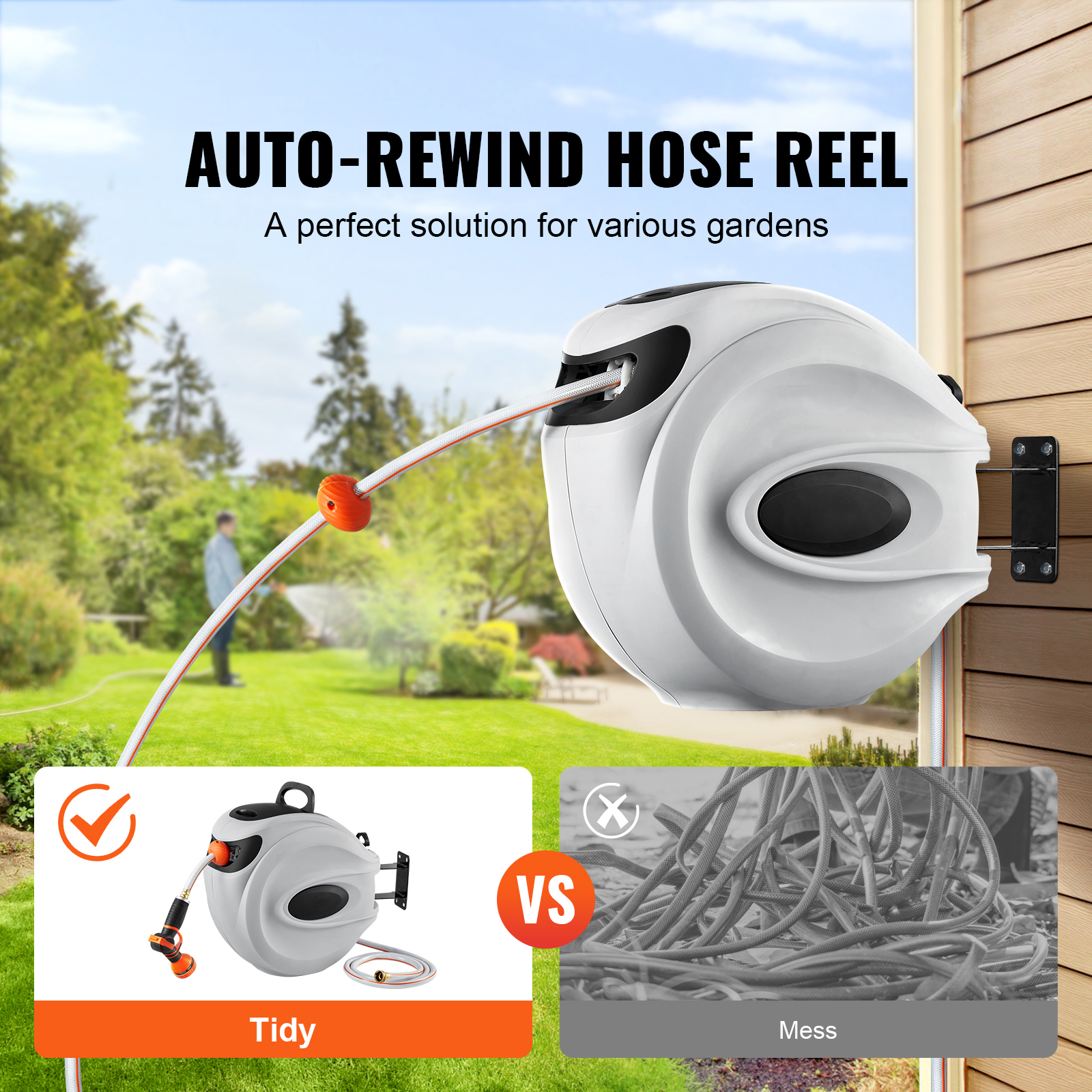 Retractable Hose Reel Water Hose Reel 180° Swivel Wall-Mounted for ...