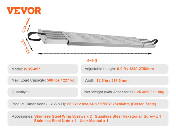 VEVOR Telescoping Aluminum Work Plank, 6-9 Feet 500lbs Capacity, 12.5 ...