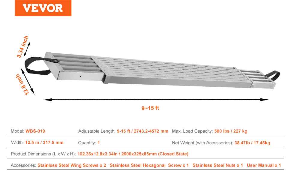 VEVOR Telescoping Aluminum Work Plank, 9-15 Feet 500lbs Capacity, 12.5 ...
