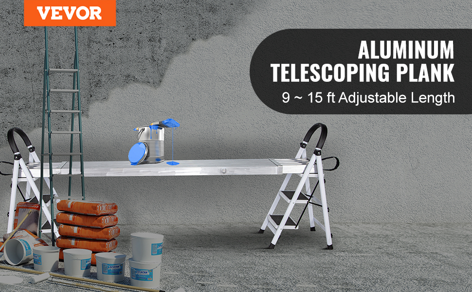 VEVOR Telescoping Aluminum Work Plank, 9-15 Feet 500lbs Capacity, 12.5 ...