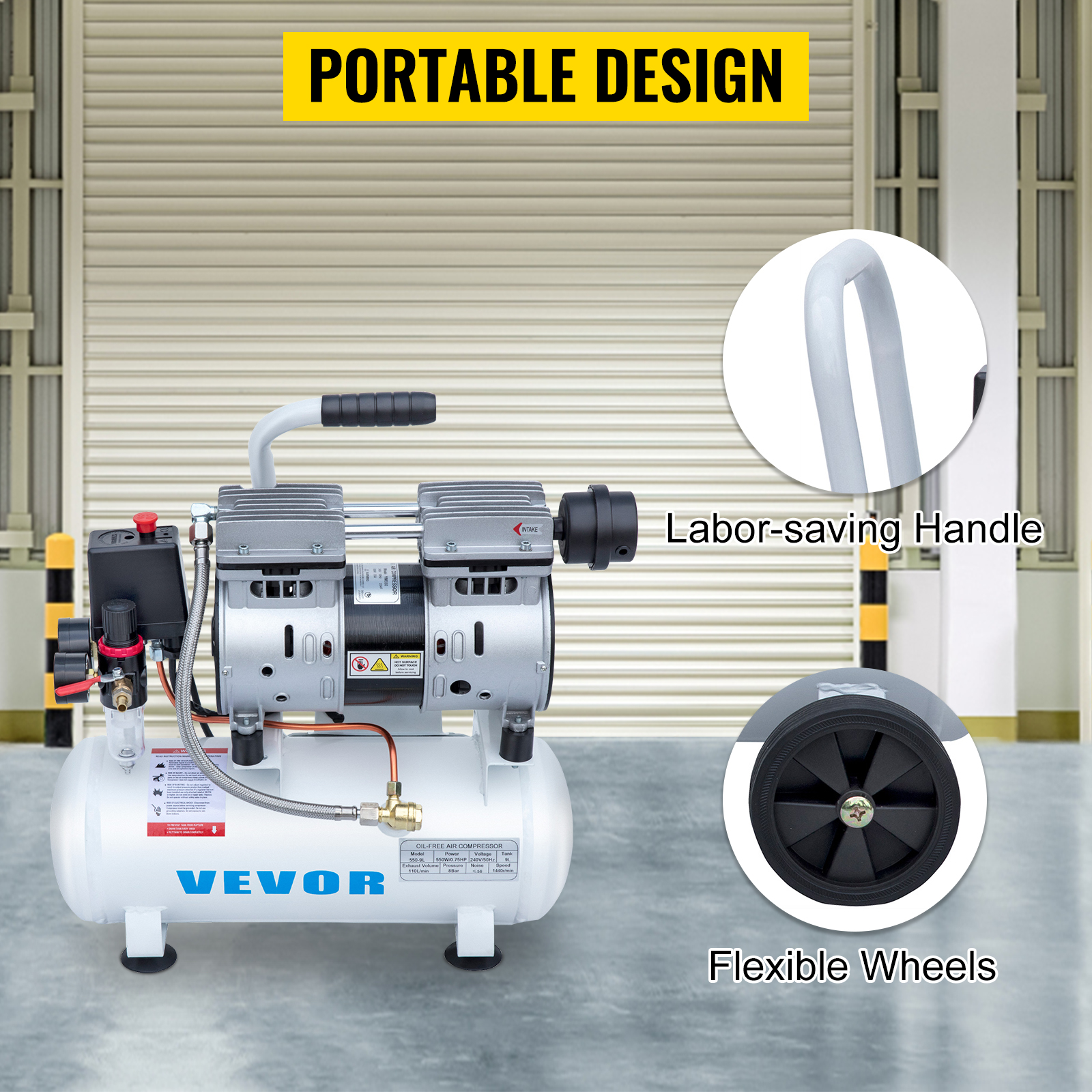 VEVOR 0.75HP Oil Free Air Compressor Air Compressor Tank 9L Silent ...