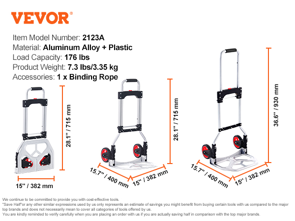 VEVOR Folding Hand Truck, 176 lbs Load Capacity, Aluminum Portable Cart ...
