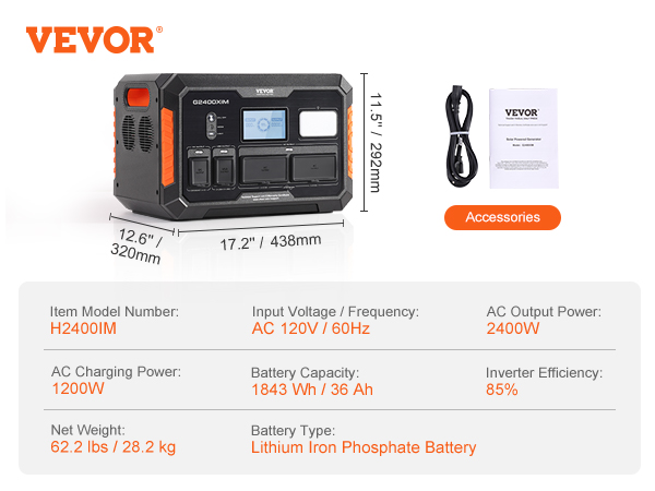 VEVOR Portable Power Station Solar Generator 1843Wh 2400W with 13 ...