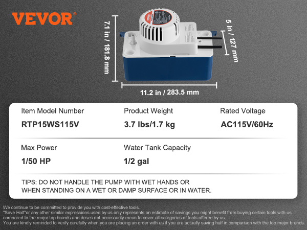 VEVOR Condensate Removal Pump, 1/50 HP, 65 GPH, 15 ft Lift, 115V ...