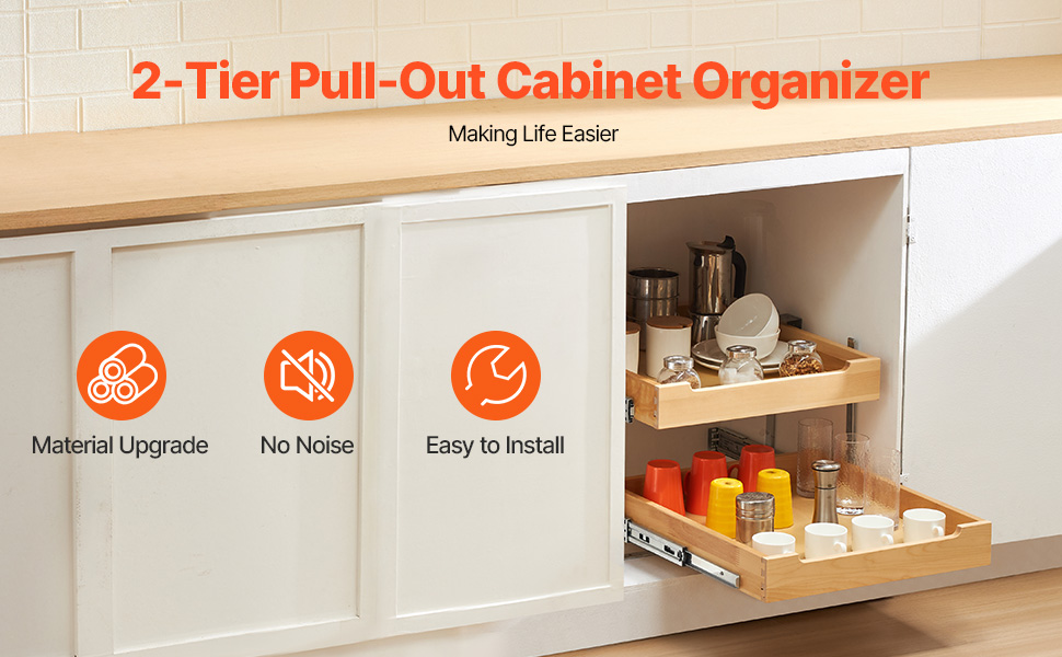 2 Tier Pull Out Cabinet Organizer Soft Close Slide Out Wood Drawer 17"W ...