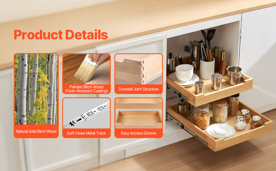 2 Tier Pull Out Cabinet Organizer Soft Close Slide Out Wood Drawer 17"W ...