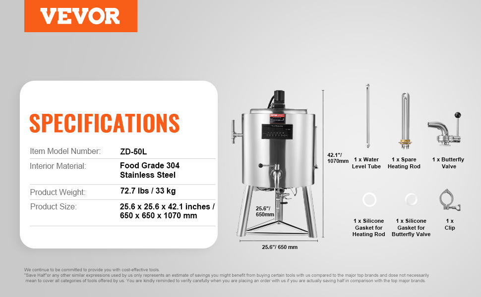 VEVOR Commercial Pasteurization Machine 50L Pasteurizer for Milk Sterilization | VEVOR CA