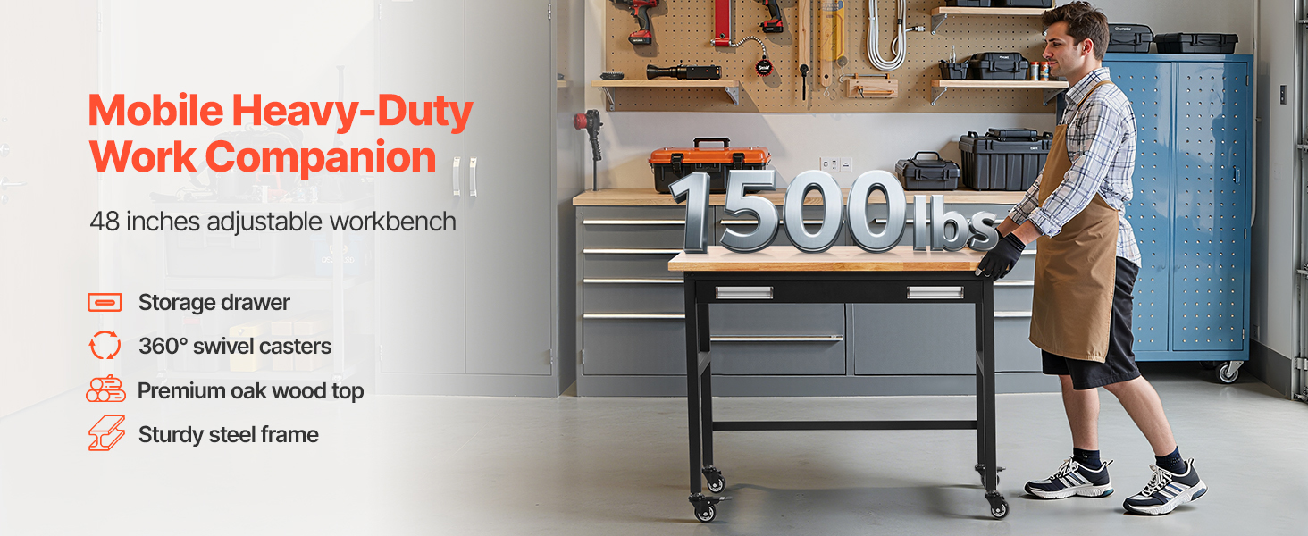 VEVOR 48-inch Workbench, 1500 lbs Load Capacity, Garage Workbench with ...
