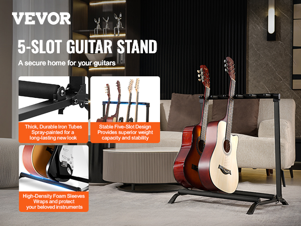 VEVOR 5-Space Guitar Stand Floor-Standing Foldable Rack Hold Up to 5 ...
