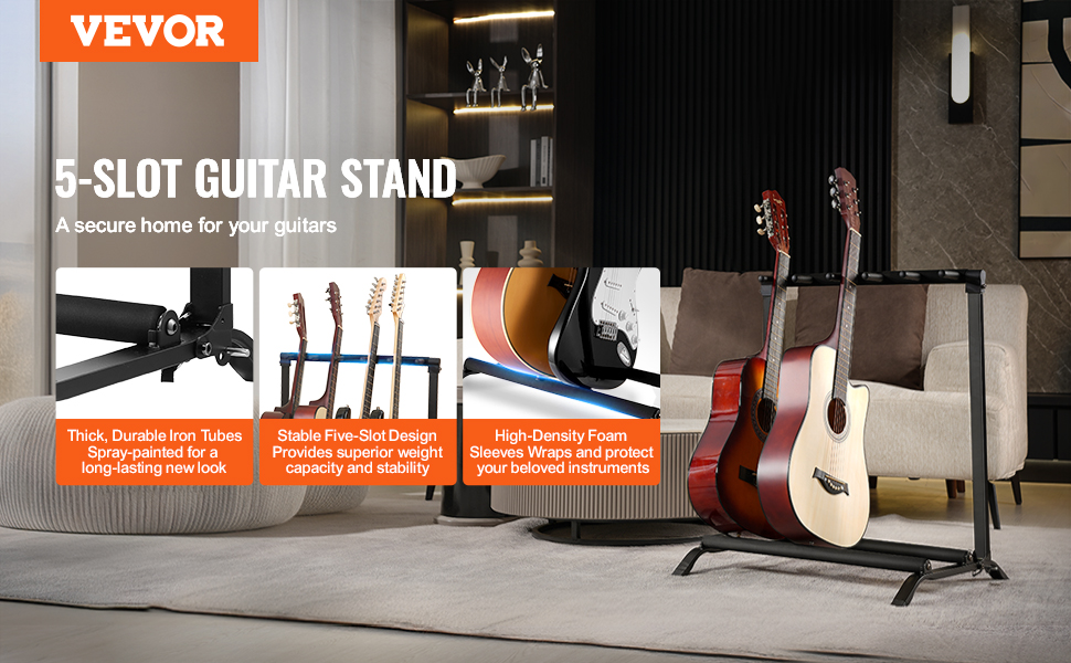VEVOR 5-Space Guitar Stand Floor-Standing Foldable Rack Hold Up to 5 ...