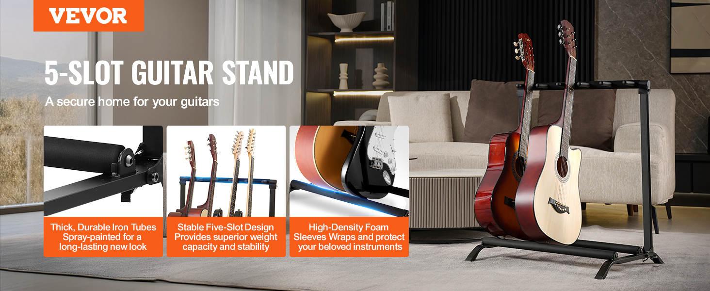 VEVOR 5-Space Guitar Stand Floor-Standing Foldable Rack Hold Up to 5 ...