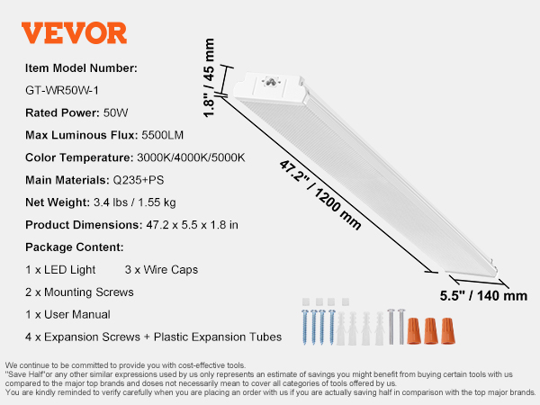 VEVOR 4FT LED Wraparound Light, 50W, 5500LM Flush Mount LED Shop Light ...