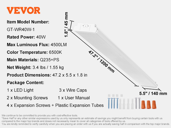 VEVOR 4FT LED Wraparound Light, 40W, 4500LM Flush Mount LED Shop Light ...