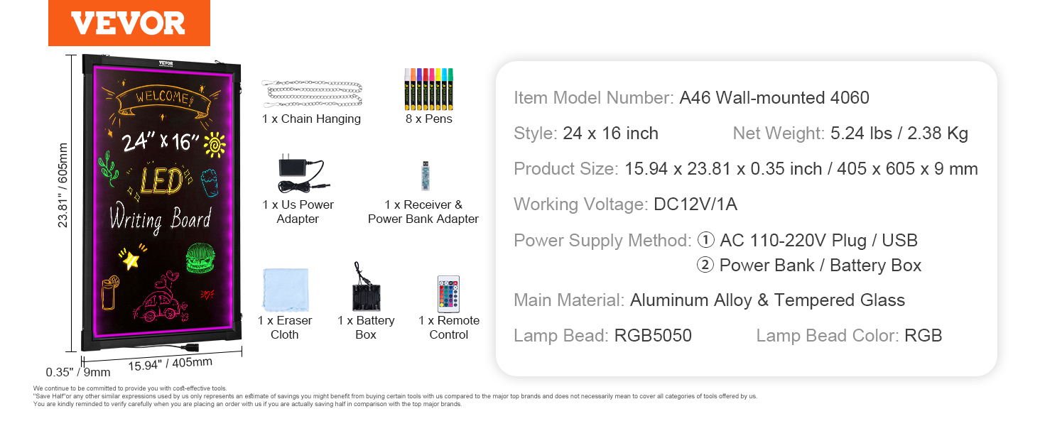 VEVOR LED Message Writing Board, 24"x16" Illuminated Erasable Lighted ...