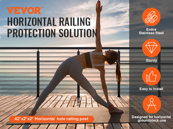 VEVOR Cable Railing Post, 42" x 2" x 2" Steel Horizontal Hole Deck ...