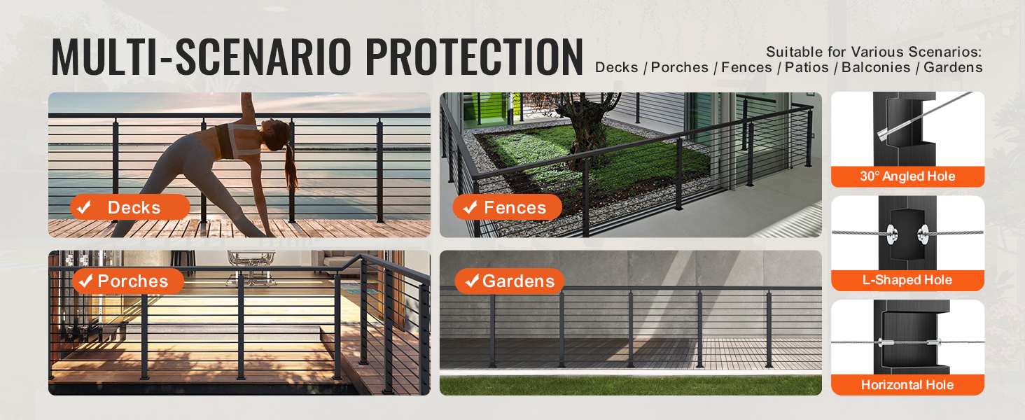 VEVOR Cable Railing Post, 42" x 2" x 2" Steel Horizontal Hole Deck ...