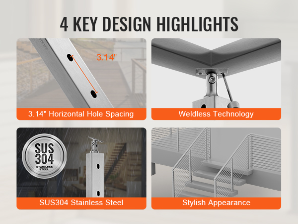 VEVOR Cable Railing Post, 36" x 1" x 2" Steel Horizontal Hole Deck ...