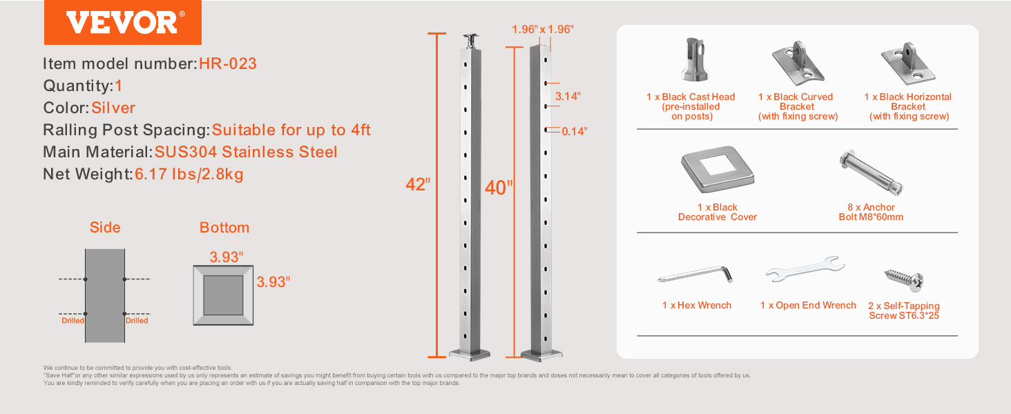 VEVOR Cable Railing Post, 42" x 2" x 2" Steel Horizontal Hole Deck ...