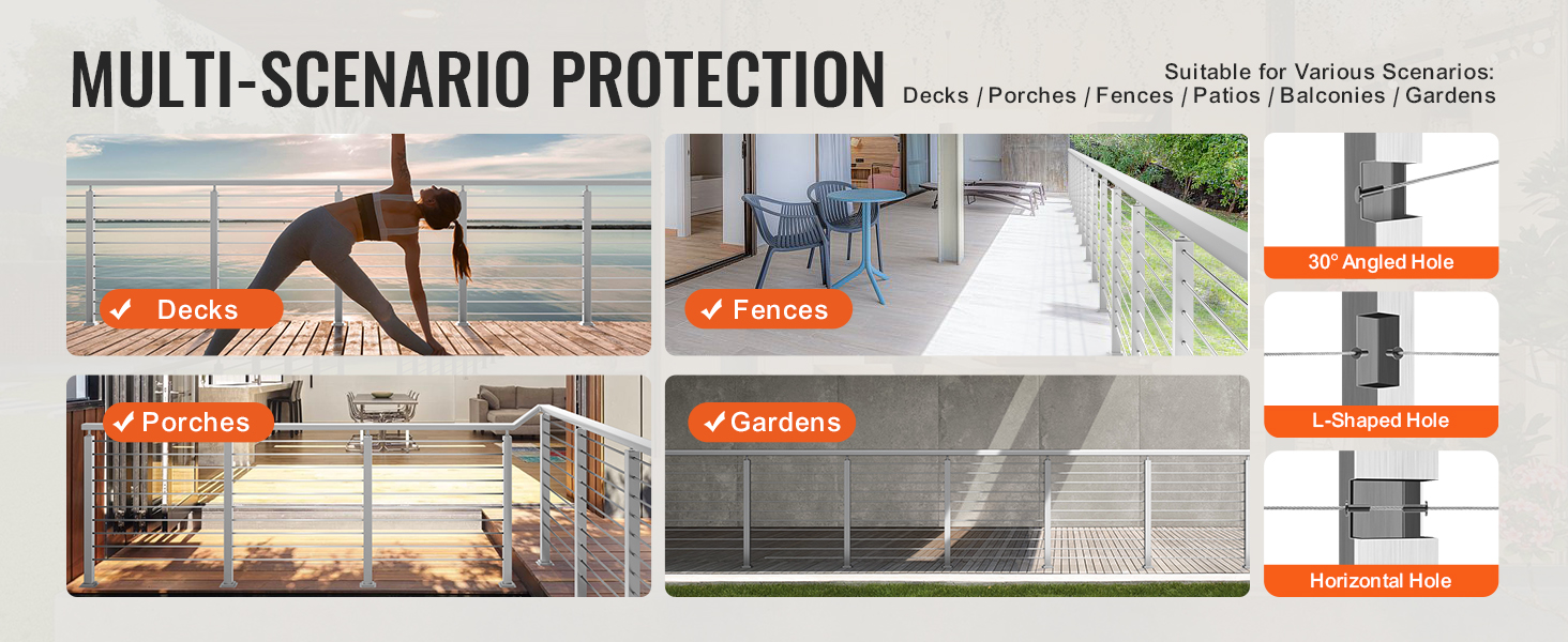 VEVOR Cable Railing Post, 42" x 2" x 2" Steel Horizontal Hole Deck ...