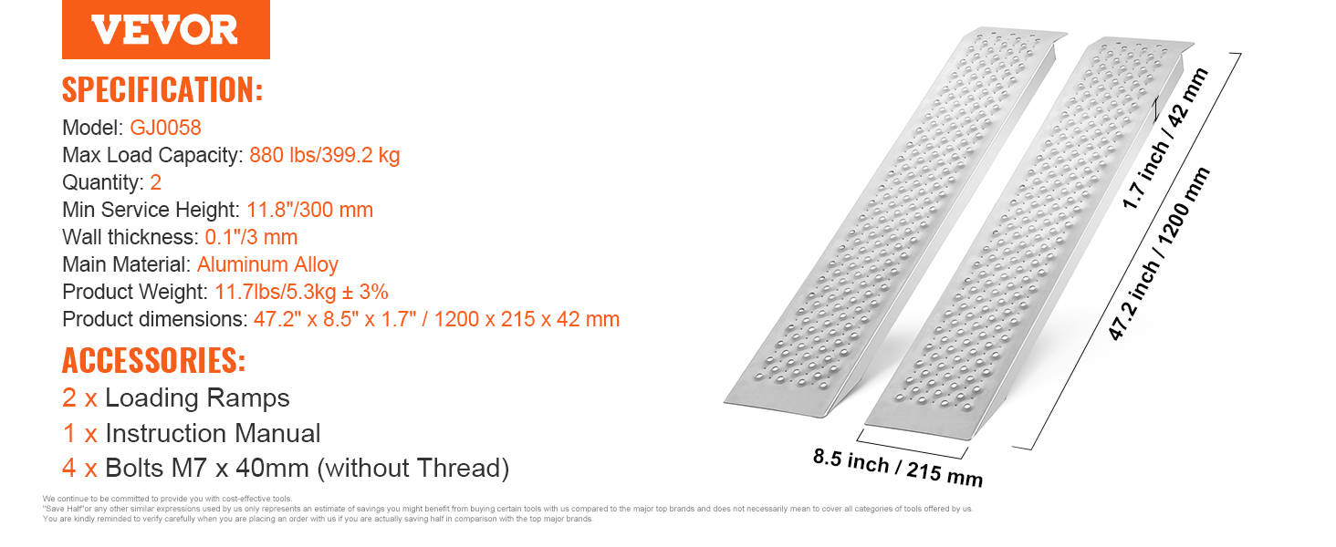 VEVOR 47.2" x 8.5" Aluminum Ramps 880 LBS Capacity Loading Ramps 2PCS ...