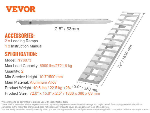 VEVOR 72" x 15" Aluminum Ramps 6000 LBS Capacity Loading Ramps 2PCS | VEVOR CA