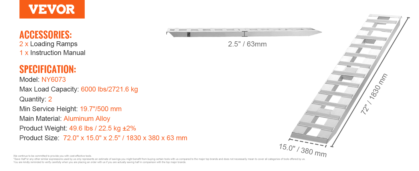 VEVOR 72" x 15" Aluminum Ramps 6000 LBS Capacity Loading Ramps 2PCS | VEVOR CA