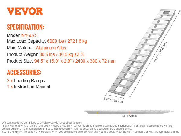 VEVOR 94" x 15" Aluminum Ramps 6000 LBS Capacity Loading Ramps 2PCS ...