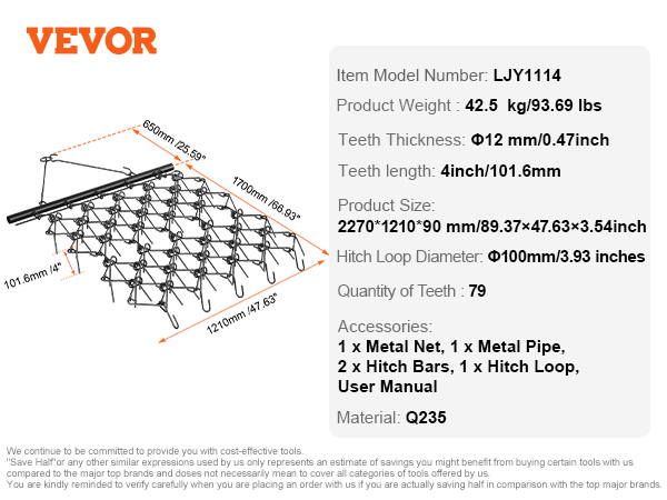 VEVOR Drag Harrow, 4'x5.6' Heavy-Duty Chain Harrow with 69 Teeth, ATV ...