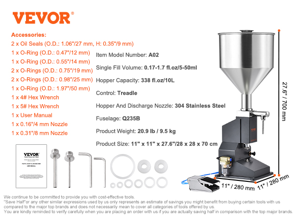 VEVOR 5-50ml vulmachine Handmatige vloeistofvulmachine Gemaakt van Food ...