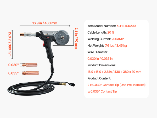 VEVOR 200Amp Spool Gun with 20FT Cable Compatible with Hobart lronMan ...
