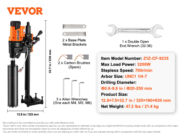 VEVOR Core Drill Machine 0.8-9.8in Dia 3200W Diamond Core Drill Rig ...