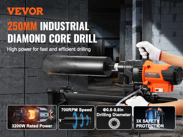 VEVOR Core Drill Machine 0.8-9.8in Dia 3200W Diamond Core Drill Rig ...
