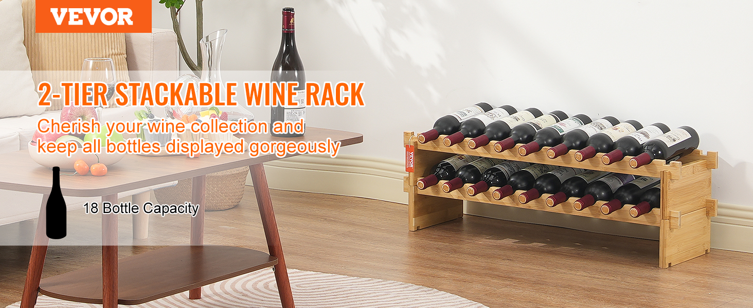 VEVOR 18 flaskor Stapelbar modulär vinhylla Bambu trä Displayhylla 2 ...