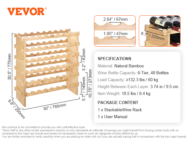 VEVOR 48 Bottle Stackable Modular Wine Rack Bamboo Wood Display Shelf 6 ...