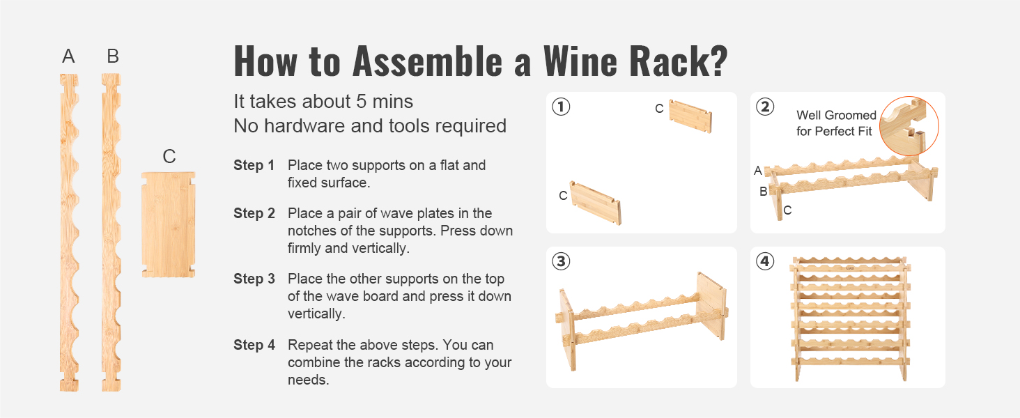 VEVOR 48 Bottle Stackable Modular Wine Rack Bamboo Wood Display Shelf 6 ...