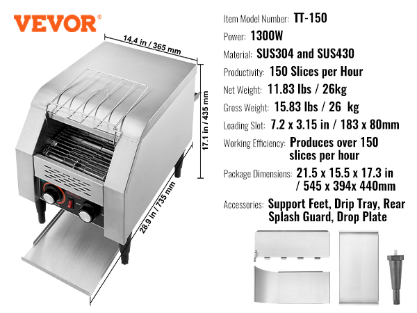 VEVOR Commercial Conveyor Toaster, 150 Slices/Hour Conveyor Belt ...