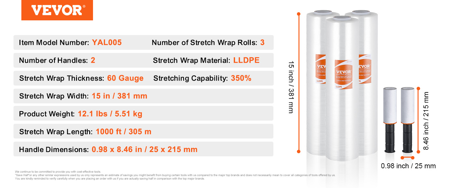 60 Gauge Plastic Wrap VEVOR Industrial Stretch Film - 15x1000 Ft, 60 ...