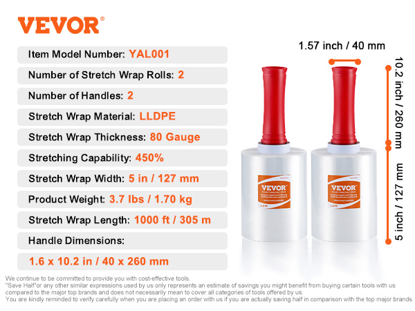 VEVOR Stretch Film, 5 inches x 1000 feet, 2 Pack, 80 Gauge Industrial ...