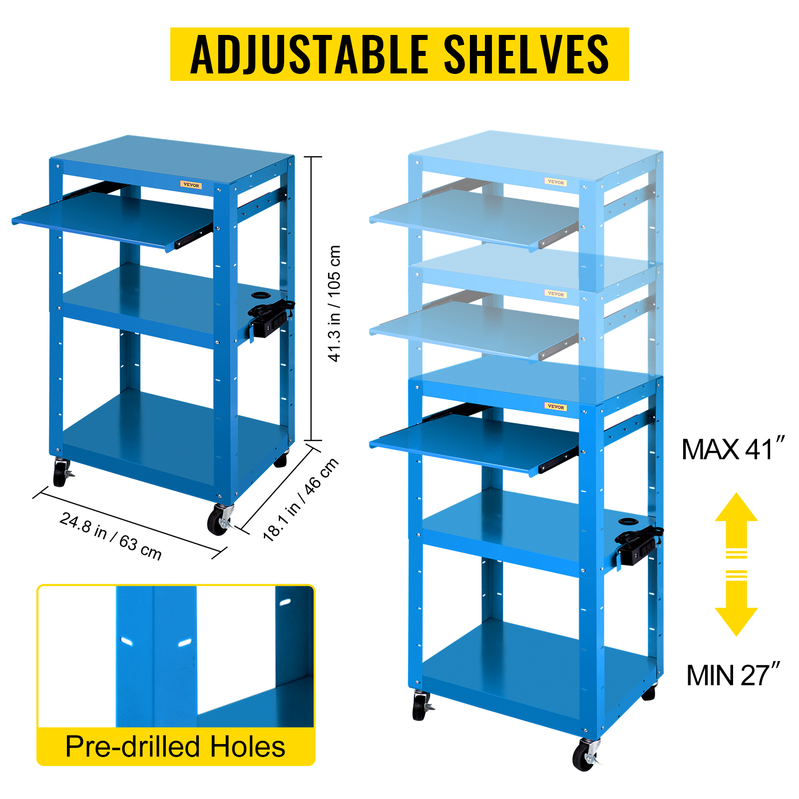 VEVOR Steel AV Cart, 27-41" Height Adjustable Media Cart with 19" x 14 ...