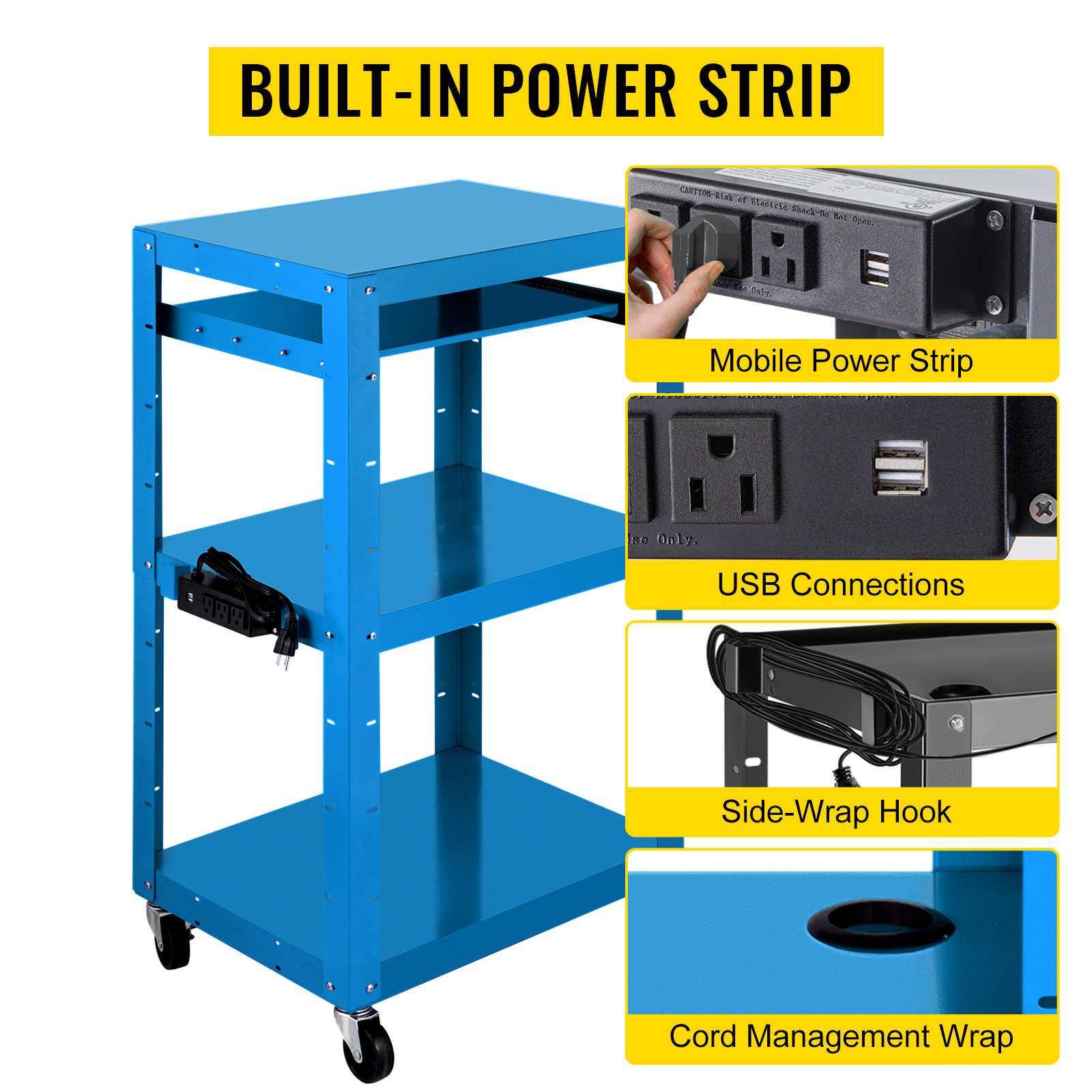 VEVOR Steel AV Cart, 27-41" Height Adjustable Media Cart with 19" x 14 ...