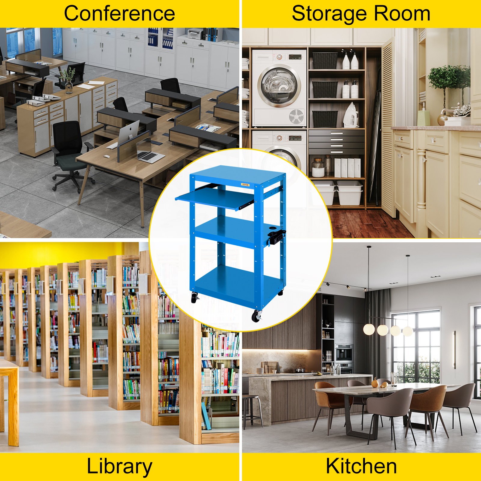 VEVOR Steel AV Cart, 27-41" Height Adjustable Media Cart with 19" x 14 ...