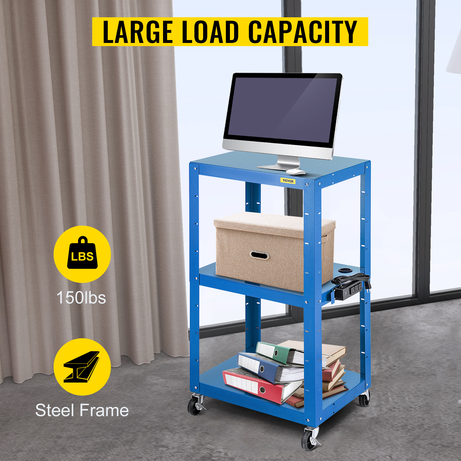 VEVOR Steel AV Cart, 26-41" Height Adjustable Media Cart with Electric ...