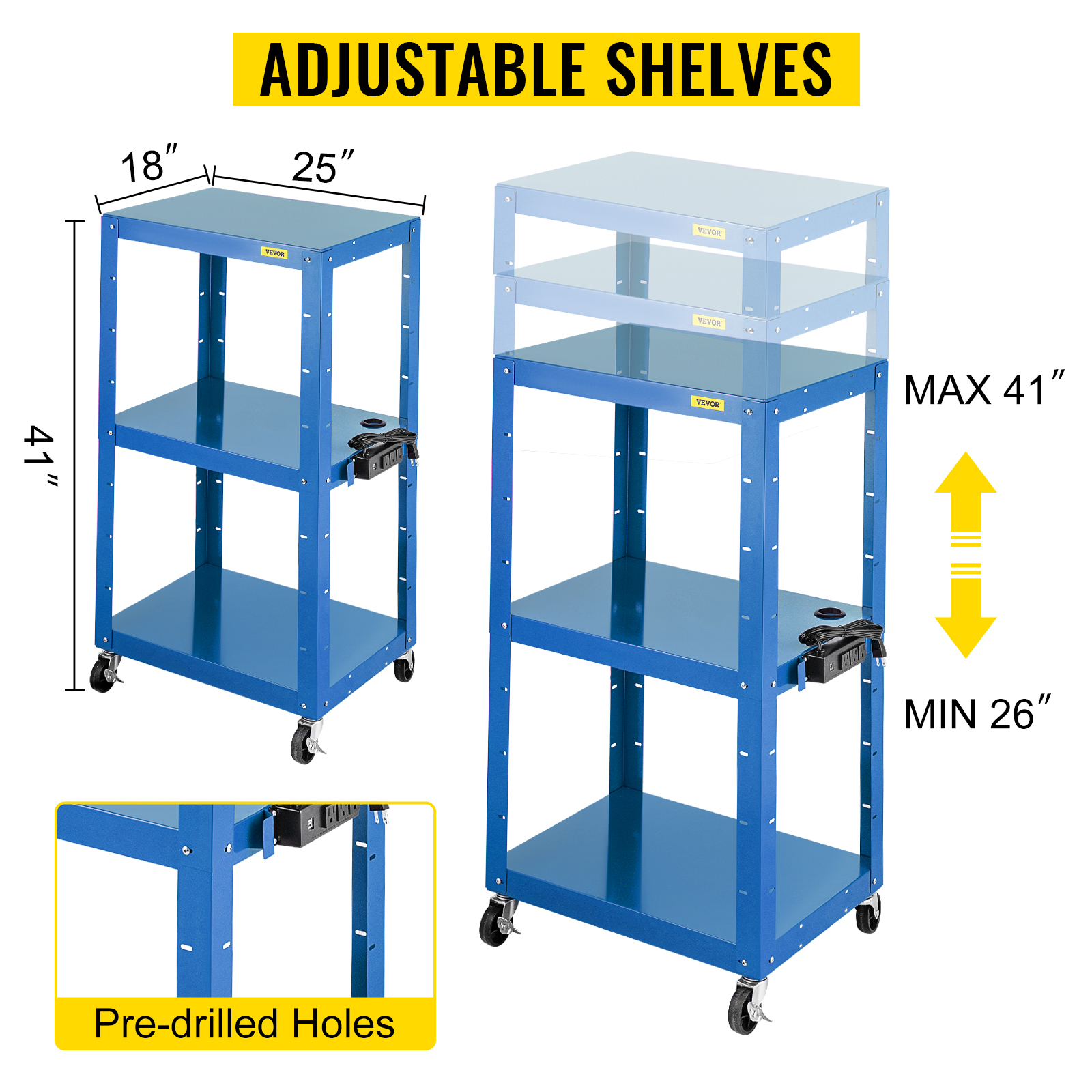 VEVOR Steel AV Cart, 26-41" Height Adjustable Media Cart with Electric ...